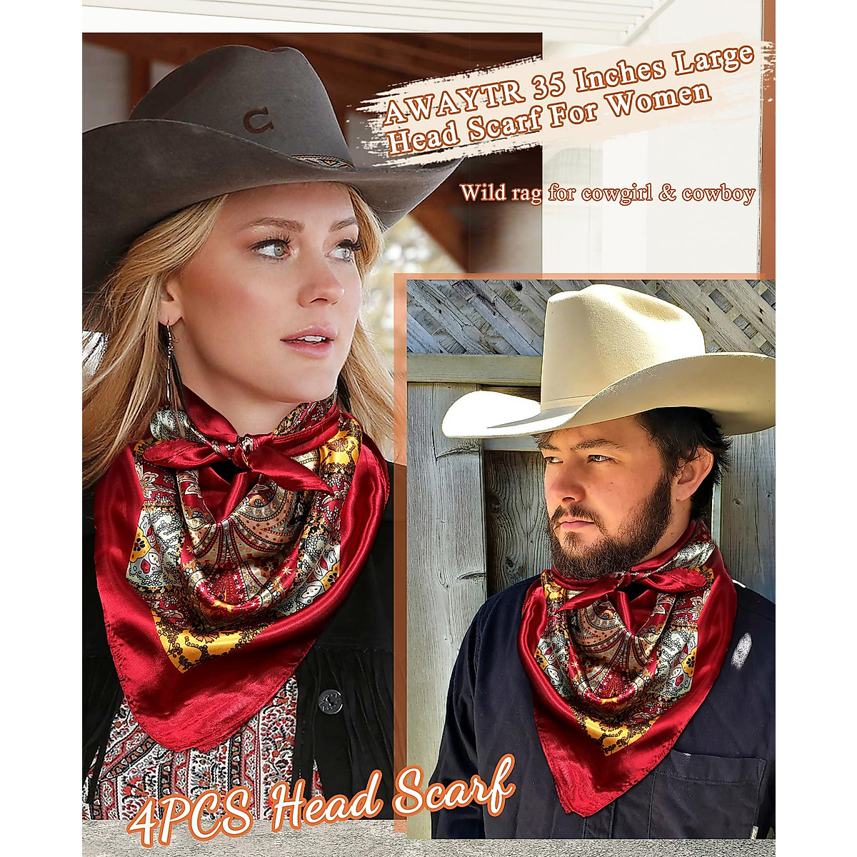 AWAYTR 35" Large Silk Hair Scarf for Women - 4Pcs Satin Head Scarf Square Hair Bandanas Floral Wild Rag Sleeping Head Wraps (Cashew(Black/Olive Green/Red/Pink))