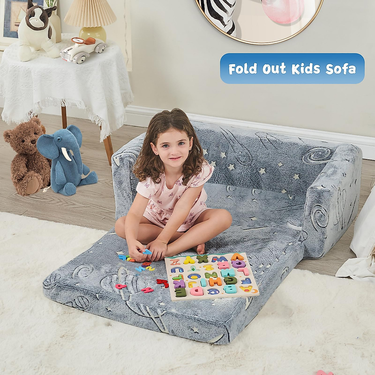 Kids Couch Extra Wider Seating Toddler Couch, 2-in-1 Toddler Soft Couch Fold Out Convertible Sofa to Lounger for Girls and Boys