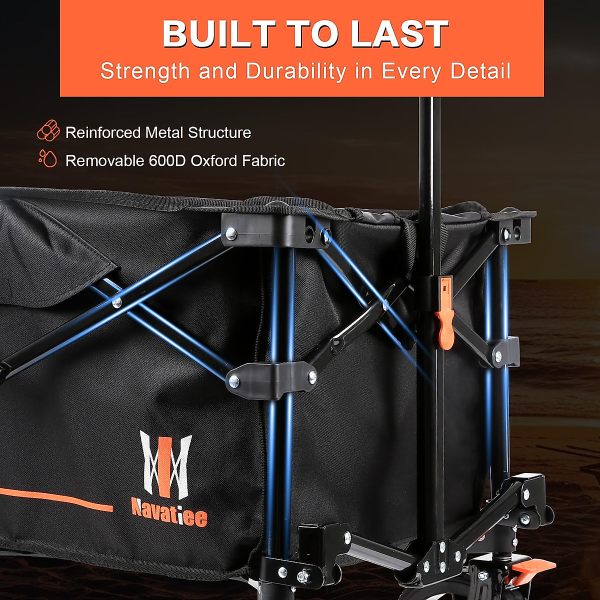 Navatiee Collapsible Folding Wagon, Heavy Duty Utility Beach Wagon Cart with Side Pocket and Brakes, Large Capacity Foldable Grocery Wagon for Garden Sports Outdoor Use, S1