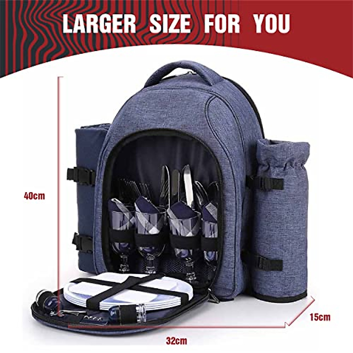 4-Person Picnic Backpack Bag with Cooler, Removable Water Bottle/Wine Rack, Outdoor Fleece Blanket, Plate and Cutlery Picnic Set (4-Person, Gray)