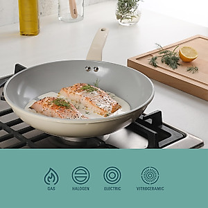 Gibson Home Barnsdall Large 12 Inch Aluminum Fry Pan Cookware Non-Toxic Premium Ceramic Non Stick Frying Pan, Kitchen Egg Pan, Omelet Pan, Always Pan, Pots and Pans, Linen White, Induction Safe