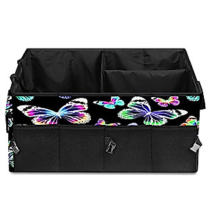 BOLIMAO Car Trunk Organizer Butterflies Black Background Back Seat Large Organizer Cargo Storage with Dividers Collapsible Trunk Cargo Organizer Tote Bag for Groceries SUV Sedan Camper Camping