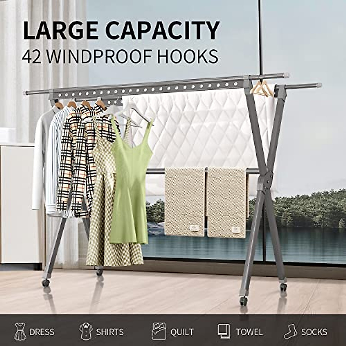 HWAJAN 90 Inches Folding Clothes Drying Rack Indoor Outdoor-Aluminum Collapsible Clothing Drying Racks for Laundry-Heavy Duty Foldable Clothes Dryer Rack with 42 Windproof Hooks,Large,Grey