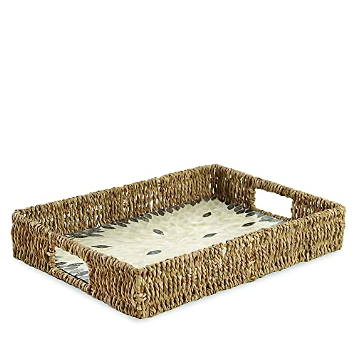 MadeTerra Rectangular Seagrass Tray with Mother of Pearl Inlay Wooden Base Insert Handle, Decorative Nacre Serving Basket for Food, Coffee Table Decor, Decoration, Storage and Display…