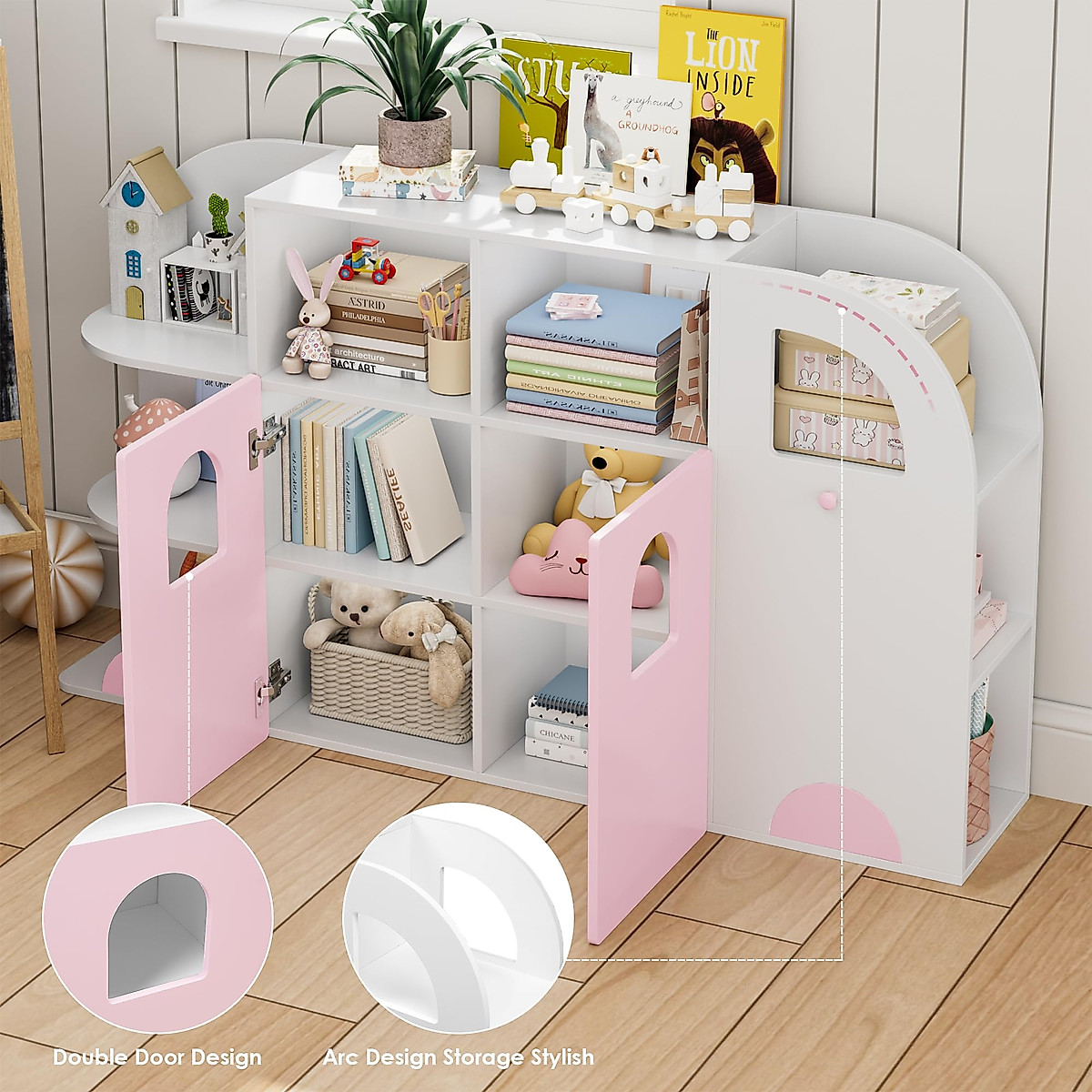 FOTOSOK Toy Storage Organizer with Truck Design, Kids Bookshelf with 12 Storage Cubbies and 2 Door, Toy Organizers and Storage for Playroom, Bedroom, School, Nursery, Pink and White