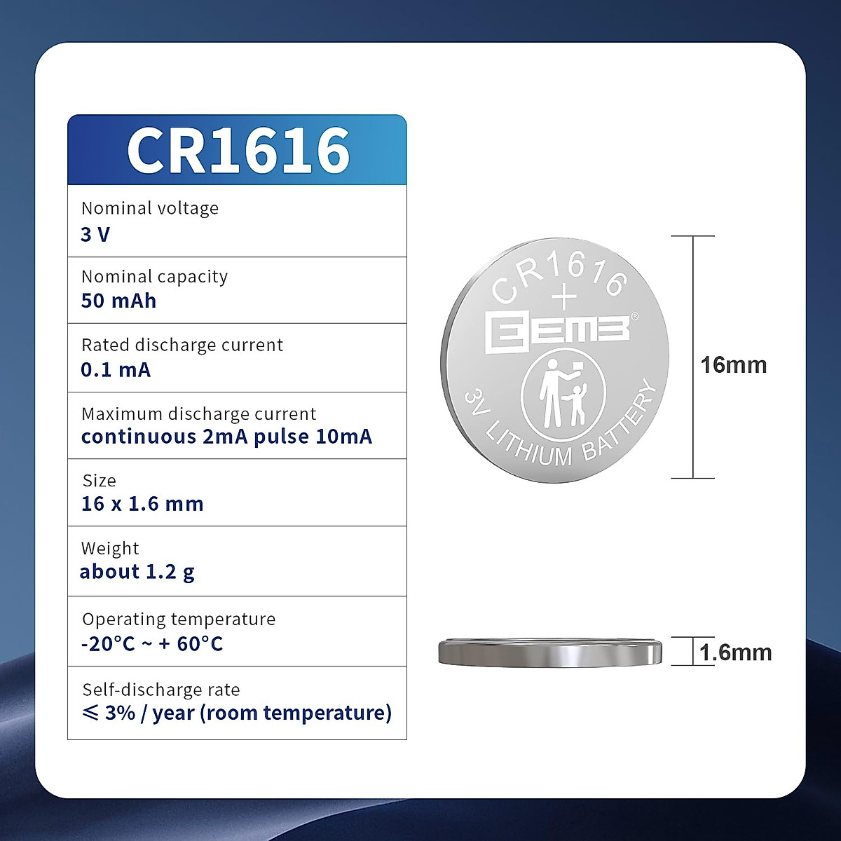 EEMB 20 Pack CR1616 Battery 3V Lithium Battery Button Coin Cell Batteries 1616 Battery DL1616 ECR1616 for Remote Control, Watch, Calculator, Electronic Note-Book, Thermometer, Mobile Game