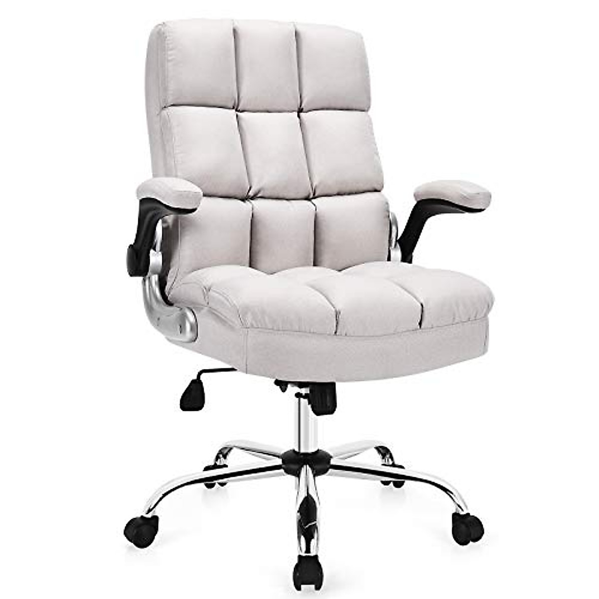 Giantex Executive Office Chair, Big and Tall Ergonomic Computer Chair, Adjustable Tilt Angle and Flip-up Armrest Linen Fabric Upholstered Chair with Thick Padding, High Back Managerial Chair (Beige)