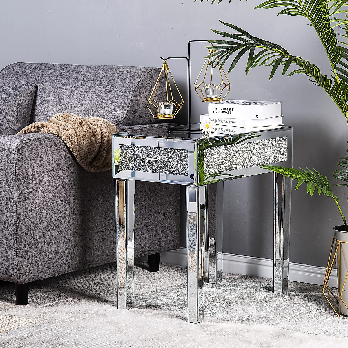 VINGLI Mirrored Nightstand Set of 2 Narrow Side Table with Drawer Glass Accent Table,Silver