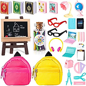 30Pcs Mini School Supplies, Doll School Supplies Includes Mini Doll Backpack Laptops Glasses Blackboard Mini Book Palette Paper Ruler Scissors Calculator for Dolls Accessories Set