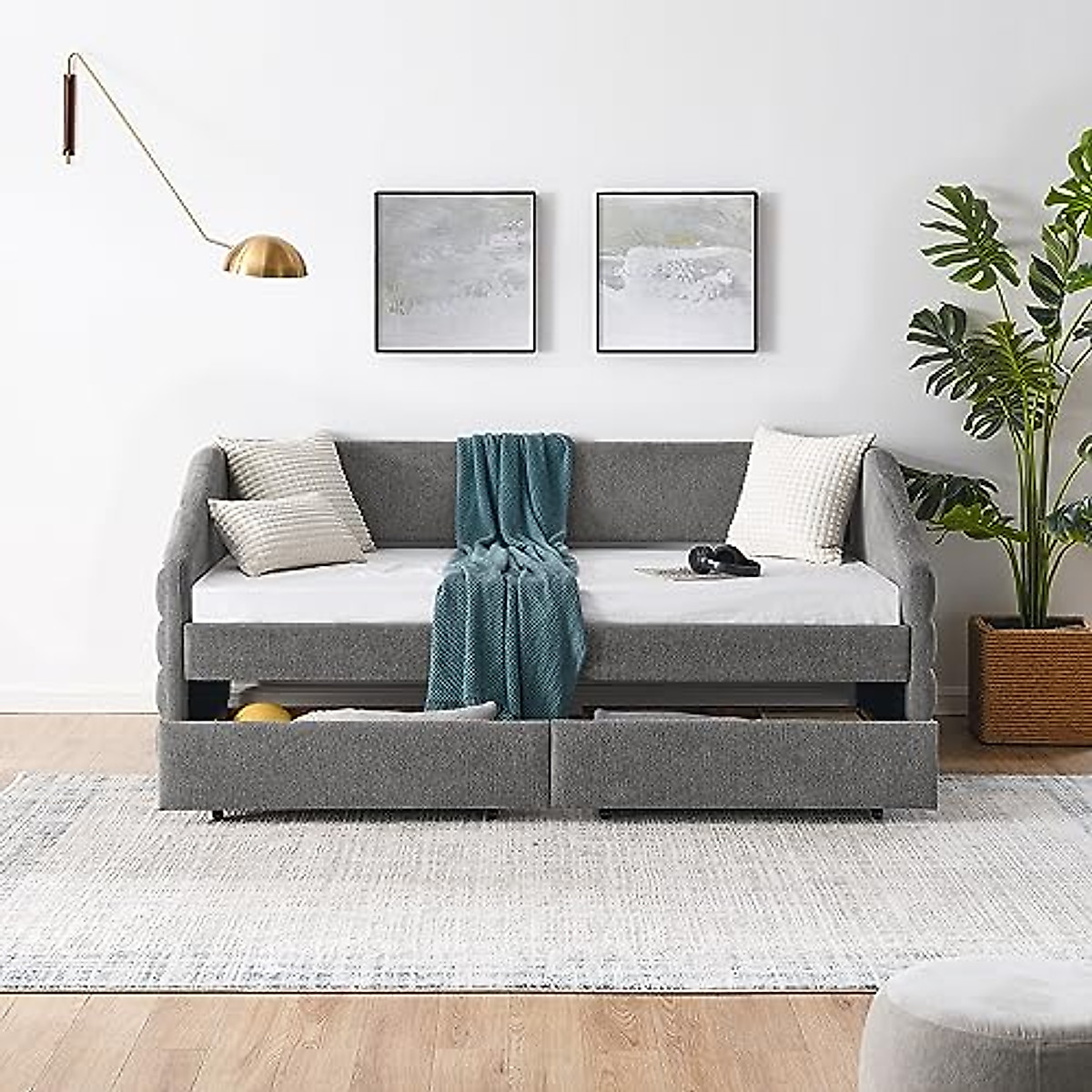 Flieks Twin Size Upholstered Daybed with Two Drawers, Linen Fabric Upholstered Sofa Bed, Wheeled Storage Daybed with Wood Frame, No Box Spring Needed, Gray