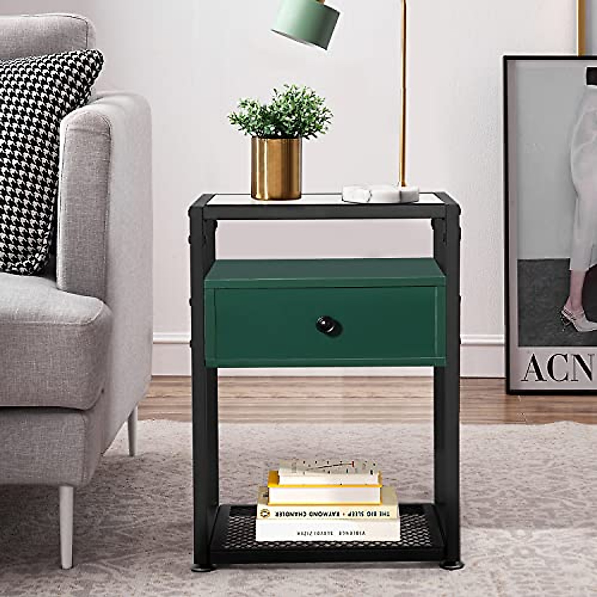 VECELO End Table, Modern Nightstand with Drawer, Night Stand Set of 2 for Bedroom Living Room,Tempered Glass, 2 Pack, Green