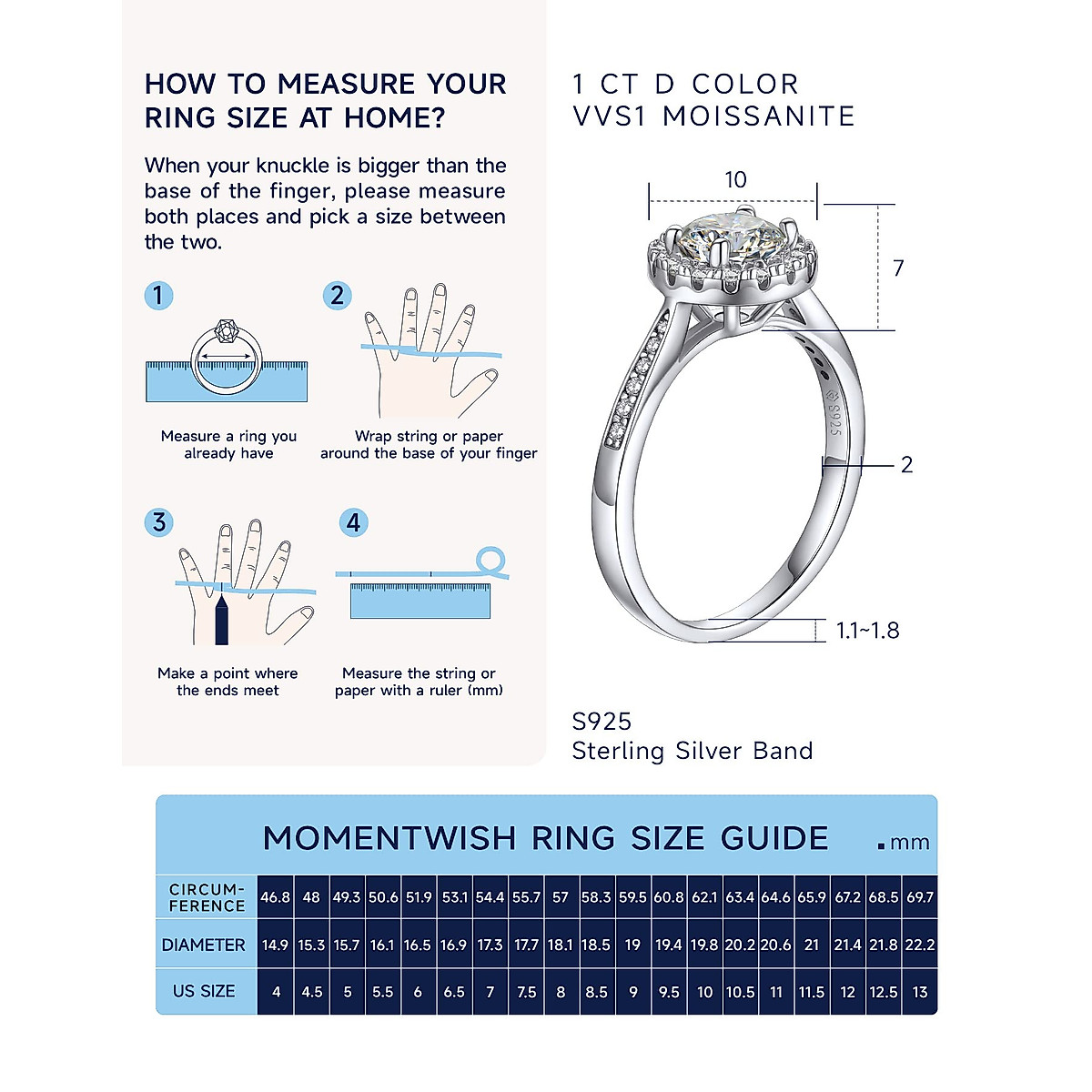 MomentWish Engagement Rings for Women, 1Carat Moissanite Promise Rings, D Color VVS1 Simulated Diamond 925 Sterling Silver Halo Rings-Size7