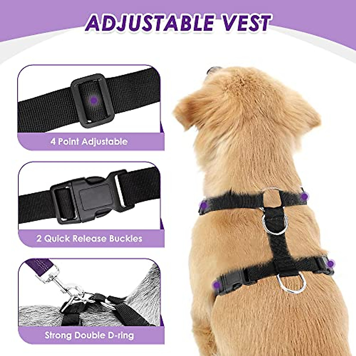 Lukovee Dog Safety Vest Harness with Seatbelt, Dog Car Harness Seat Belt Adjustable Pet Harnesses Double Breathable Mesh Fabric with Car Vehicle Connector Strap for Dog (Medium, Purple)