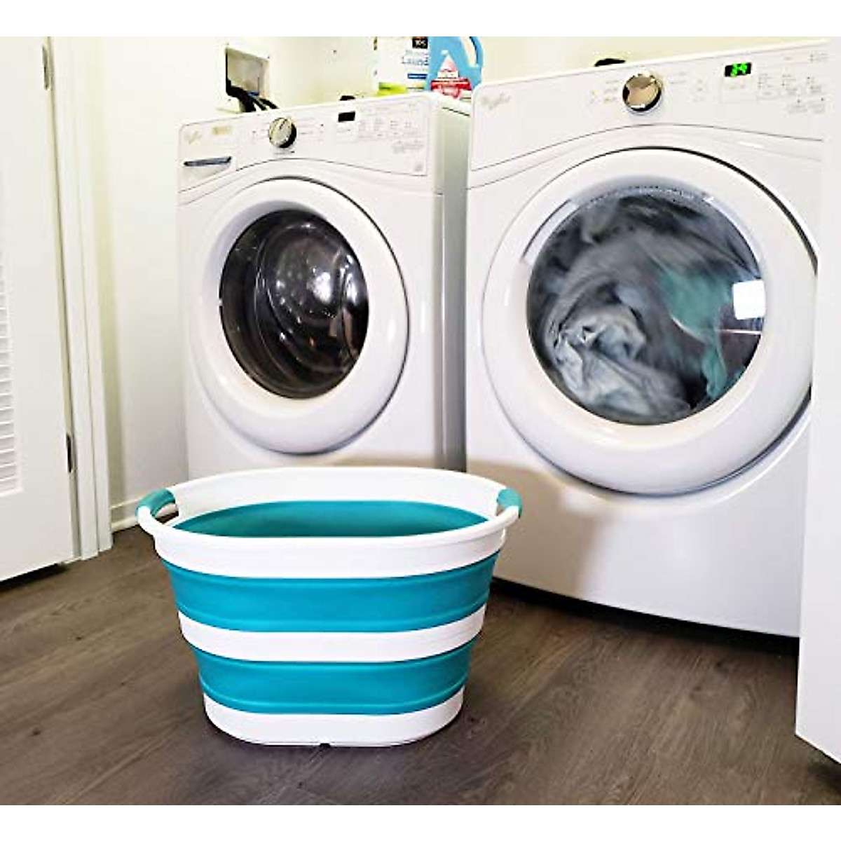 SAMMART 34L(8.98 gallon) Collapsible Plastic Laundry Basket-Oval Tub/Basket-Foldable Storage Container/Organizer-Portable Washing Tub-Space Saving,Water capacity 29L (7.66 gallon) (1, Bright Blue)