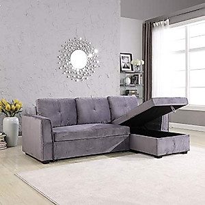 Legend Furniture Velvet Chaise Storage Reversible Sofa Bed Sleeper Sectional, 91", Grey