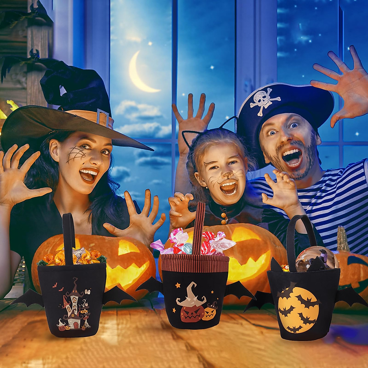 IDEA FAMILY Halloween Candy Trick or Treat Goodie Bags Kids Bat Bucket Basket with Handle Large Reusable Multipurpose Canvas Tote Bag Halloween Gifts Party Favors Supplies for Kids,Black