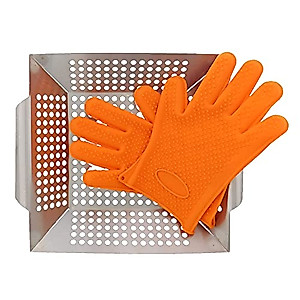 Yukon Glory Stainless Steel Grill Pan & BBQ Glove Set, Perfect for Veggies, Fish or Meat