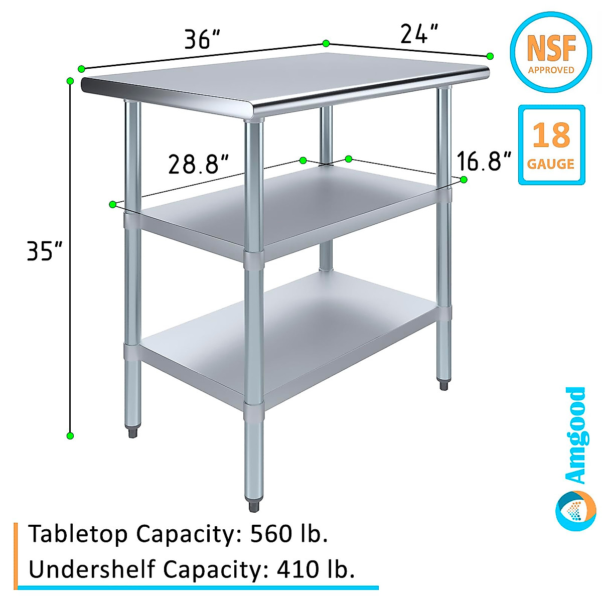 AmGood 36" Long X 24" Deep Stainless Steel Work Table with 2 Shelves | Metal Food Prep Station | Commercial & Residential NSF Utility Table