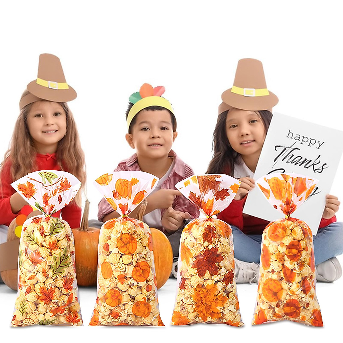 Kistreao Thanksgiving Cellophane Treat Bags Clear Fall Pumpkin Maple Leaf Candy Bags Plastic Goodie Cookie Gift Bags with Twist Ties for Autumn Harvest Thanksgiving Party Supplies 50Pcs (B)