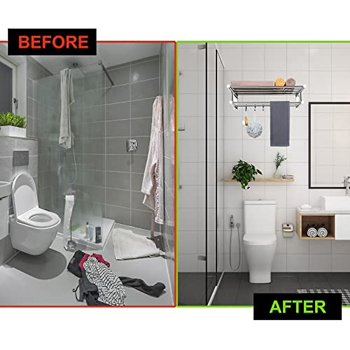 LELUXE Bathroom Towel Rack Shelves - SUS304 Stainless Steel Rustproof with Double Towel Bar & 5 Hooks, Shower Room Organizer, Shelf Holder, Bathroom Storage for Towels, Bathrobes, Shower Caddy, Brush