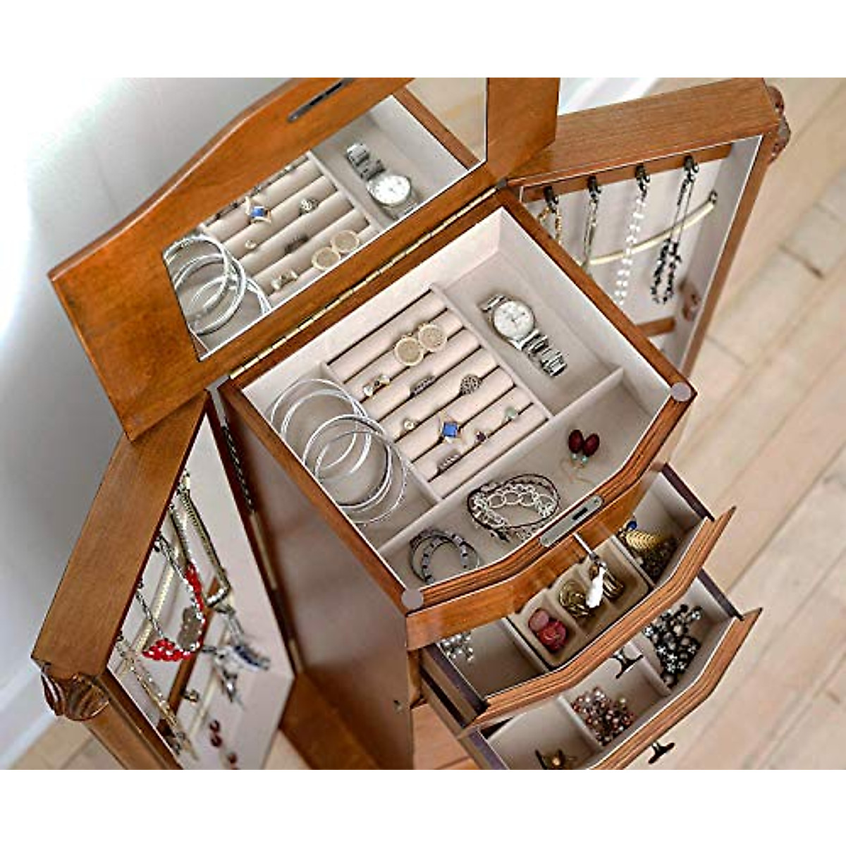 Hives and Honey Annette Standing Jewelry Armoire, Locking Jewelry Cabinet, 7 Drawers, Necklace Hooks, Mirror, Secure Storage, Dual-Sided Doors, Handcrafted Antique Finish, Elegant Organizer, Walnut