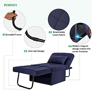 PORWEY Sleeper Chair Bed, 4-in-1 Convertible Futon Ottoman Bed Sleeper, Foldable Sofa Couch with Adjustable Backrest for Guest Room/Office Living Room, No Assembly Required, 29” Width, Dark Blue