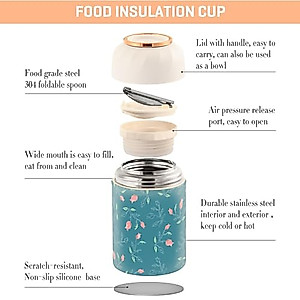 Cute Pink Floral Retro Blue Kids Womens Insulated Food Jar Container with Spoon 17oz/500ml Soup Containers With Lids Stainless Steel Vacuum Wide Mouth Food Storage for Short Travel