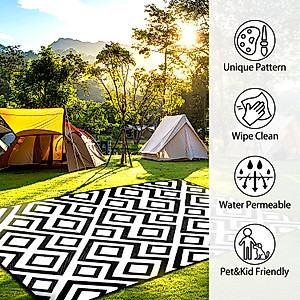 DiiKoo Outdoor Rug Mat for Patio, 5x8ft Waterproof Reversible Plastic Straw Rugs, Camping Carpet Area Mats for RV, Porch, Deck, Backyard, Balcony, Camper, Picnic, Beach, Trailer, Black & White