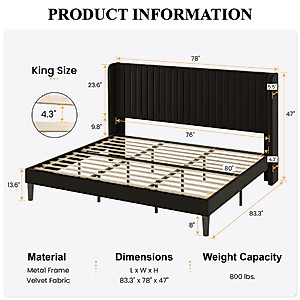 SHA CERLIN King Size Velvet Bed Frame with Vertical Channel Tufted Wingback Headboard, Upholstered Platform Bed with Wood Slats, No Box Spring Needed, Easy Assembly, Black