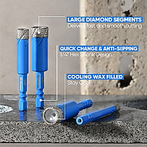 Amoolo 1/4"(6mm) Dry Diamond Drill Bits 2pcs with Quick Change Hex Shank for Glass Granite Porcelain Tile Ceramic Marble