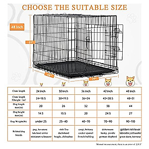 Pet Dog Crate, 48 Inches Large Dog Cage Double Door Folding Crate Metal Wire Dog Kennel with Divider Panel Leak-Proof Plastic Pan, Indoor Outdoor Basic Pet Crates for Medium Large Breed Dog XL XXL