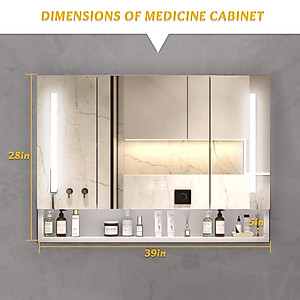 Medicine Cabinet with Mirror and Lights, Lighted Wall Mounted Bathroom Mirror with Storage, Dimmer,Defogger, Wall Mounted Cabinet for Bathroom Toilet Kitchen (39'' x 28'')