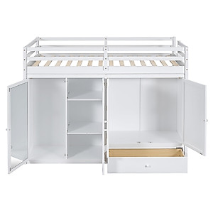 Merax Twin Size Wood Loft Bed with Drawer, Two Wardrobes, and Mirror, Wooden Bedframe with Ladder and Safety Guardrail for Boys Girls Adult, No Spring Box Needed, White