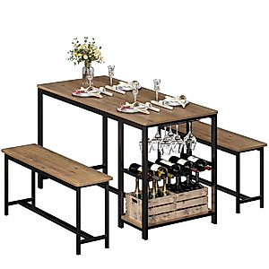 BOTLOG 3-Piece Kitchen Table for 4, 54.7" Dining Table Set with 2 Benches, Dining Room Table with MDF Wood Board, Storage Shelf, Wine and Glass Rack, Industrial (Brown)