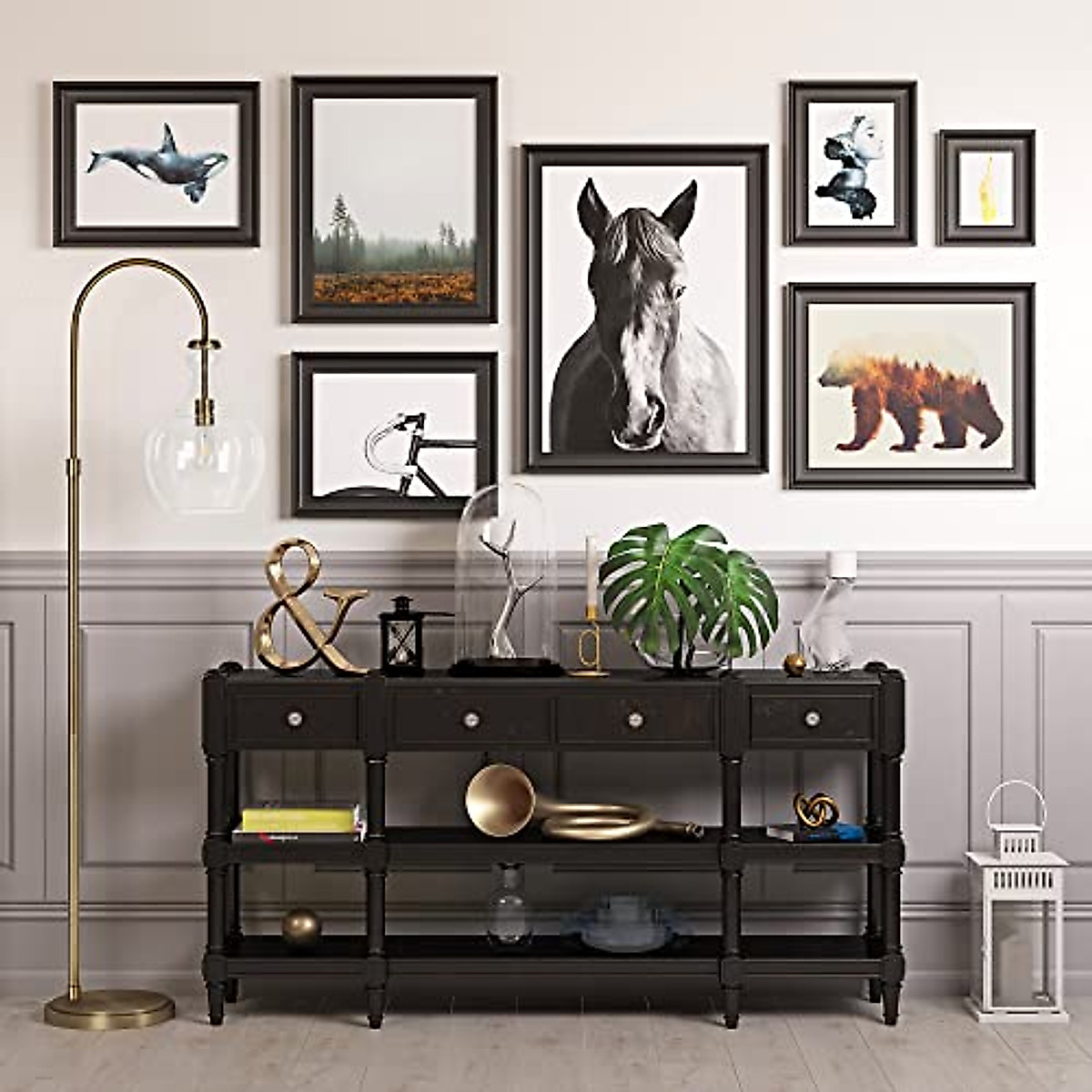 Henn&Hart Arc Floor Lamp with Glass Shade in Brass/Clear, Floor Lamp for Home Office, Bedroom, Living Room