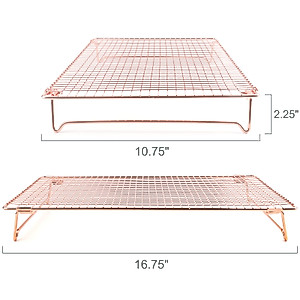 Kingrol 2 Pack Stainless Steel Cooling Racks with Collapsible Folding Legs, Stackable Grid Wire Racks for Cooking and Baking, Rose Gold
