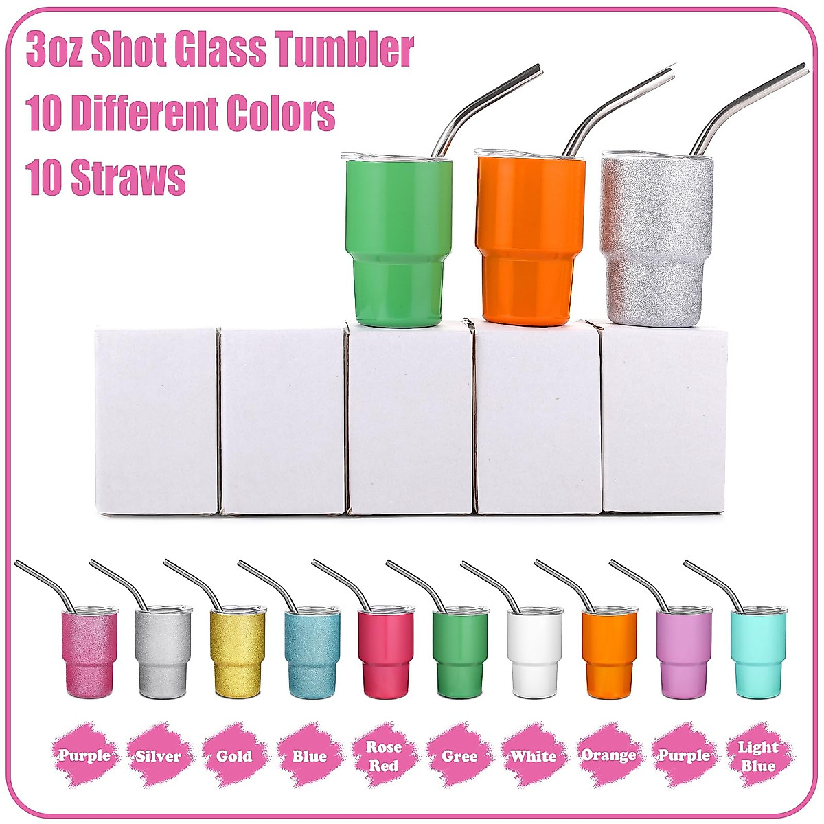 Needbrock 10 Pcs Mini Tumbler Shot Glass with Straw, 3oz Sublimation Shot Glass Tumblers Set Stainless Steel Double Wall Vacuum Insulated Shot Glasses Cups for Cocktail Coffee Whiskey Beer