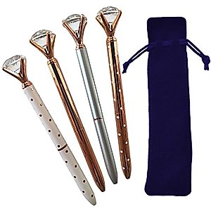 Rose Gold Diamond Pens | 4 Crystal Pens and 4 Navy Blue Velvet Gift Bags | Bling Pens Make Great Gifts for Women, Coworkers and Teachers | Beautiful Rose Gold Office Supplies