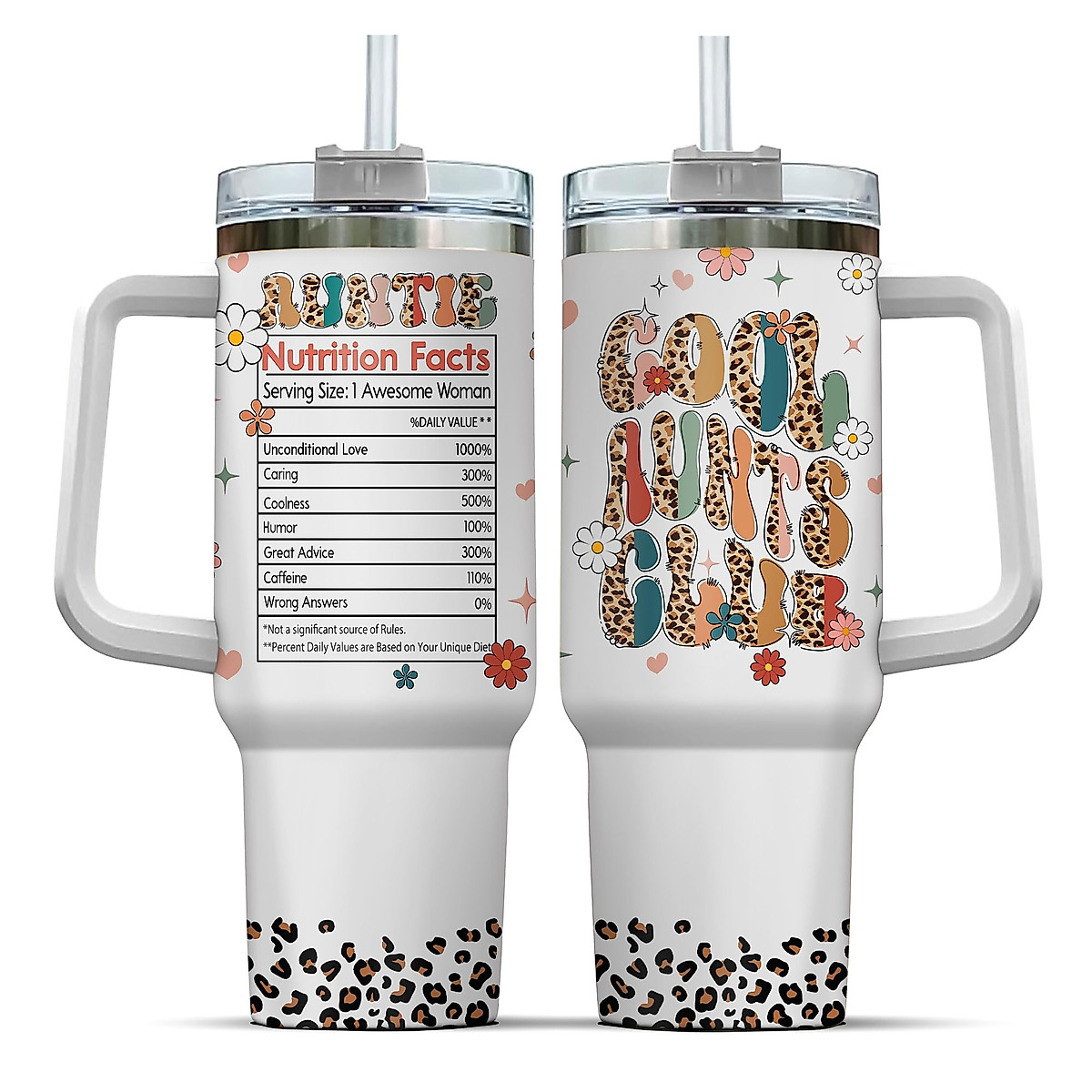 99OWL Cool Aunts Retro Leopard Nutrition Facts, Gift Daisy Black Handle Cups Print Heart Auntie Coffee For, Tumbler 40 Oz With Handle Lid And Straw, Aunt Gifts