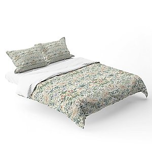 William Morris Floral Bird Duvet Cover Set,White/Green Flower Bedding Set 3PCS Mid Century Vintage Comforter Cover Set for Bedroom,Soft Lightweight All Seasons,Queen Duvet Cover with 2 Pillowcases
