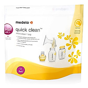 Medela Quick Clean MicroSteam Bags, Sterilizing Bags for Bottles Breast Pump Parts Eliminates 99.9 of Common Bacteria Germs Disinfects Most Breastpump Accessories, Yellow, 12 Pack