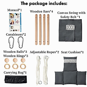 Baby Swing Seat, Canvas Hanging Swing Seat with Safety Belt, for Baby, Toddler, Infant, Tree Swing, Playground, Indoor & Outdoor Hammock Swing, Dark Gray with Lace