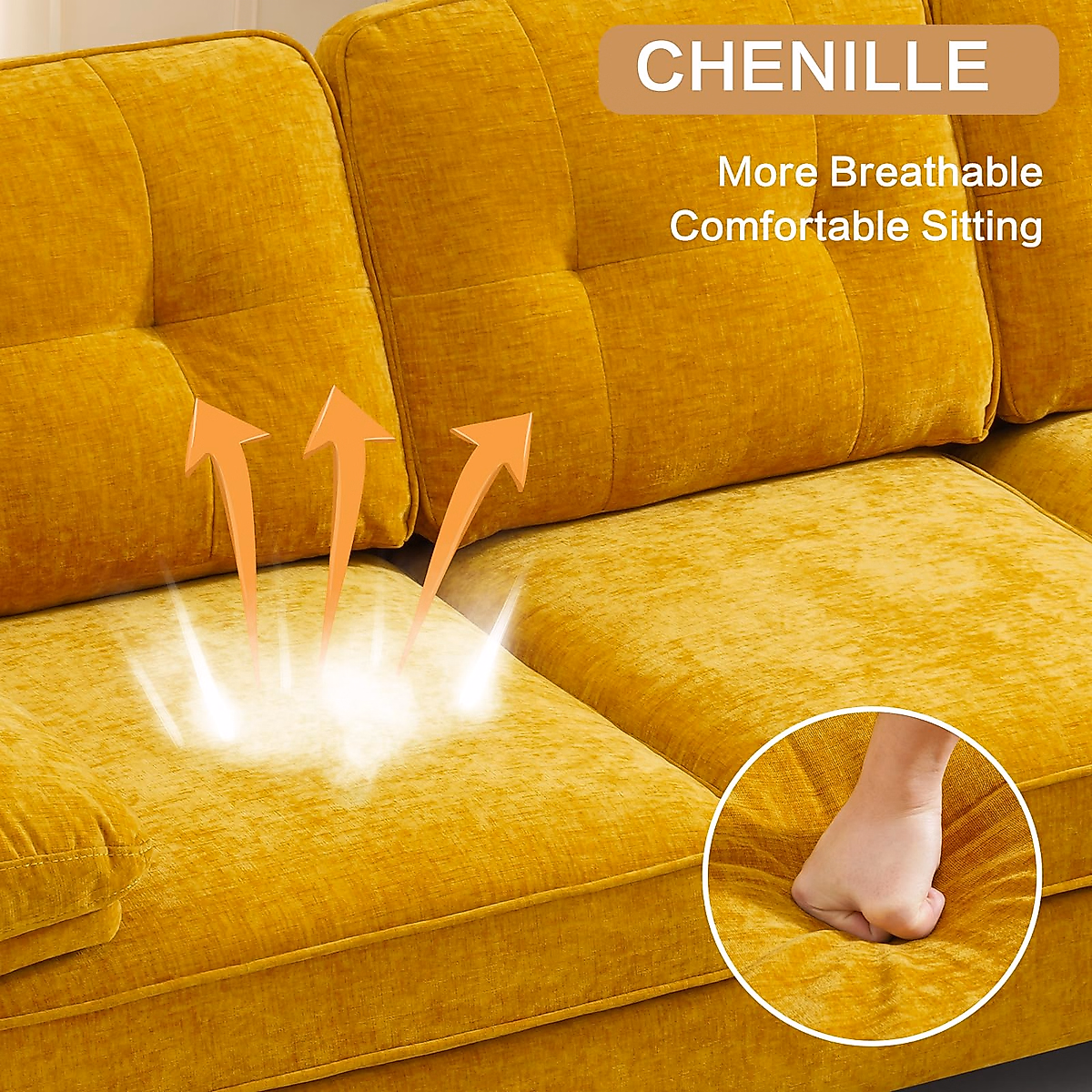 EASELAND 83" L Shaped Convertible Couch, Chenille Couch Sectionals for Living Room, 3-Seat Comfy Lounge Sofa for Bedroom with Chaise, Sleeper Sofa Bed with Fluffy Armrests, Washable Cushion(Yellow)