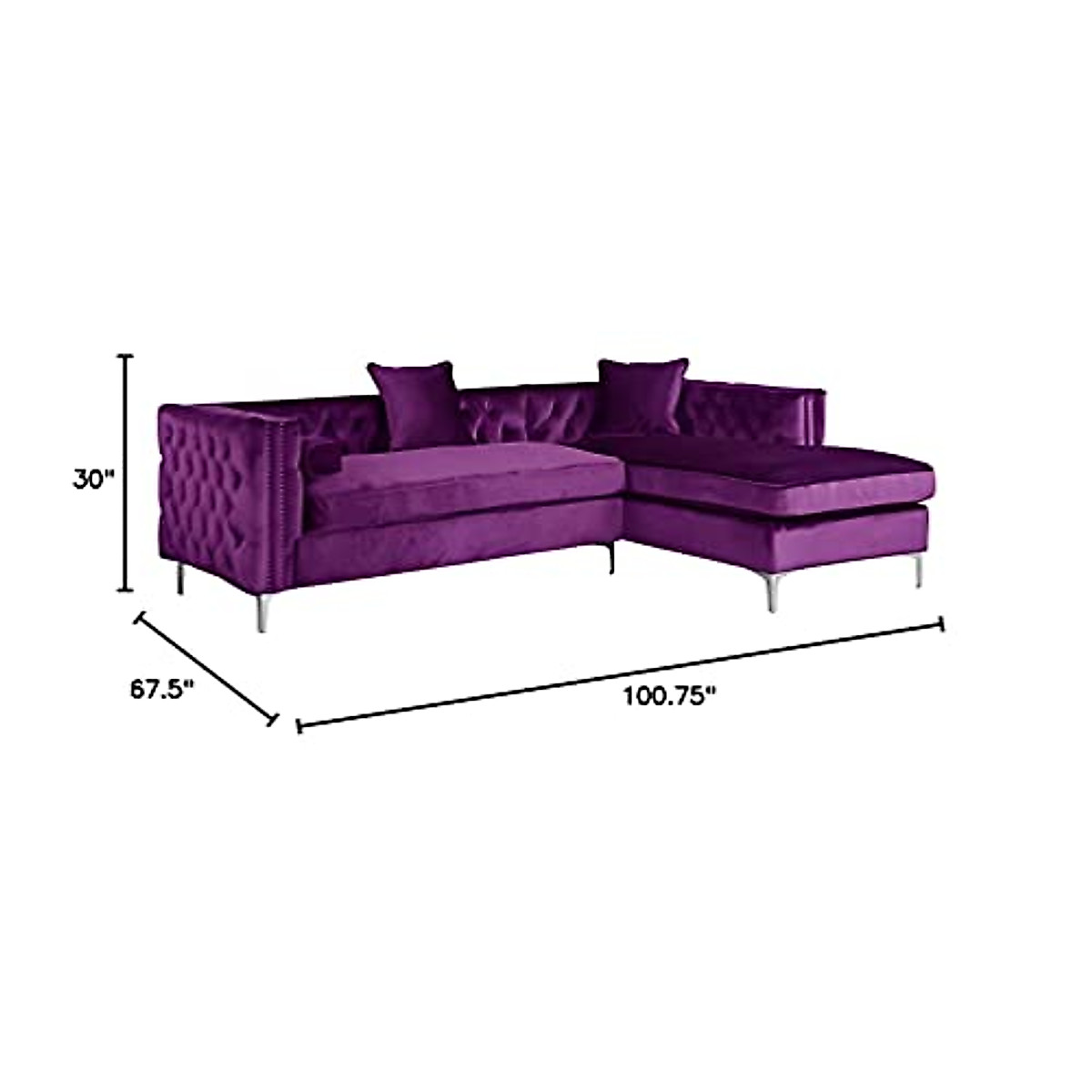 Iconic Home Da Vinci Velvet Modern Contemporary Button Tufted with Silver Nailhead Trim Silvertone Metal Y-Leg Right Facing Sectional Sofa, Purple