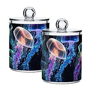 Vnurnrn Plastic Jars with Lid (Glowing Sea Jellyfish), Bathroom Vanity Canisters Storage Organizer for Cotton Balls, Swabs, Pads,Bath Salts, 4 Pack