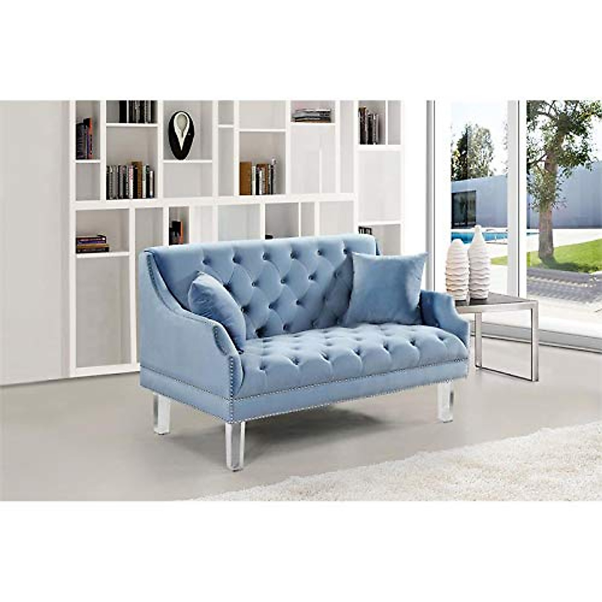 Meridian Furniture Roxy Collection Modern | Contemporary Velvet Upholstered Loveseat Sofa with Luxurious Deep Tufting, Nailhead Trim and Acrylic Legs, Sky blue