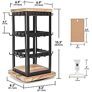 J JACKCUBE DESIGN 3 Tier 360 Rotating Black Metal Earring Holder Organizer, Jewelry Display Rack, Vintage Farmhouse Style Stand for Necklaces, Piercings with 48 Hooks and Wood Tray Shelf -MK1073A