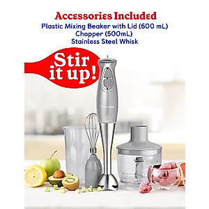 BETTY CROCKER Immersion Blender for Home & Kitchen, 2-Speed Hand Mixer Electric Handheld with Stainless Steel Blade, Beaker & Whisk, 250W Portable Blender with Ergonomic Handle, Silver