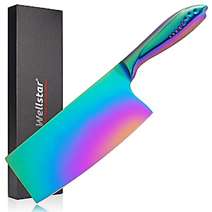 WELLSTAR Rainbow Meat Cleaver, 7 inch Iridescent Chinese Meat Vegetable Butcher Knife, Super Sharp German High Carbon Stainless Steel Chef’s Kitchen Knife with Ergonomic Handle for Home Restaurant