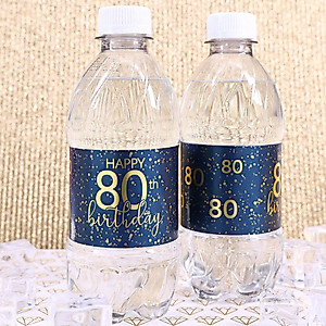 Navy Blue and Gold Happy 80th Birthday Party Water Bottle Labels - 24 Waterproof Stickers